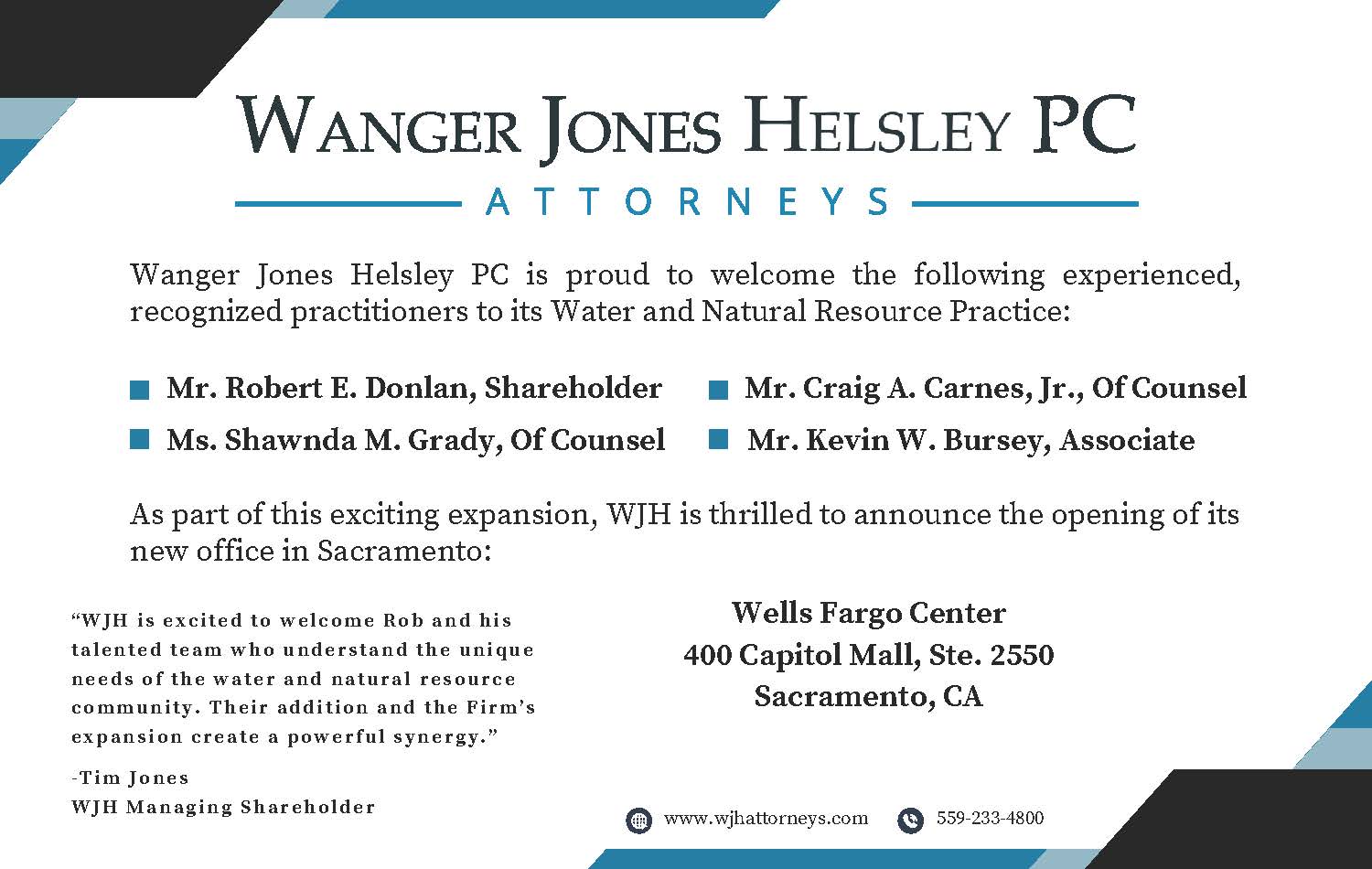 WJH WELCOMES NEW ATTORNEYS AND EXPANDS TO SACRAMENTO - Wanger Jones ...